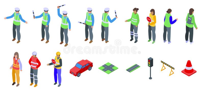 Traffic Controller Icons Set Isometric Vector. Road Policeman Stock ...
