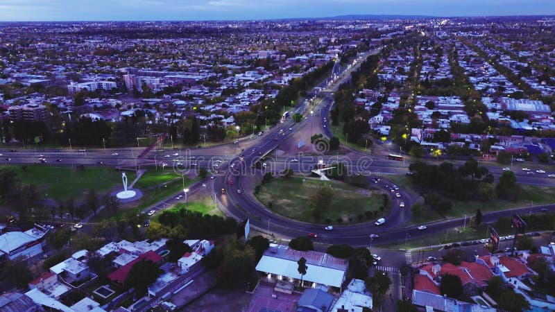Traffic Flow in a Freeway Interchange Loop at Dawn. Aerial View. Stock ...