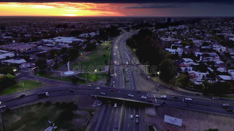 Traffic Flow in a Highway Interchange at Dawn. Aerial View. Stock Video ...