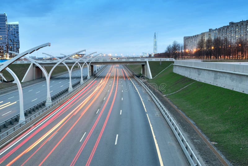Traffic on the Highway from Bridge at Night with Bridge Stock Photo ...