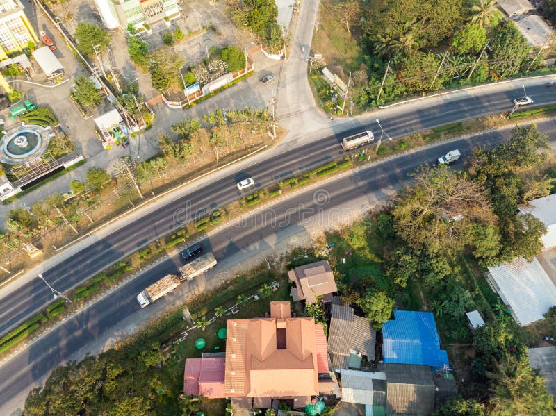 Traffic on Highway with Building and Nature in Evening Stock Image ...