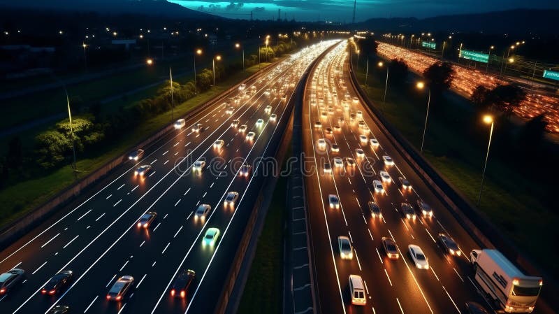 Traffic on Highway at Night Aerial View. Generative AI. Stock ...