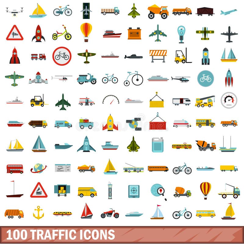 100 Traffic Icons Set, Flat Style Stock Vector - Illustration of ...