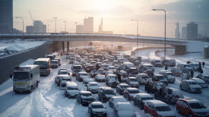 Traffic Jam on Autobahn Caused after Heavy Snowfall in Evening. Neural ...