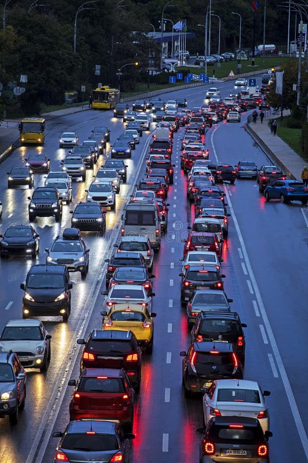 Traffic Jam in the City in Rainy Weather in the Evening, Top View ...