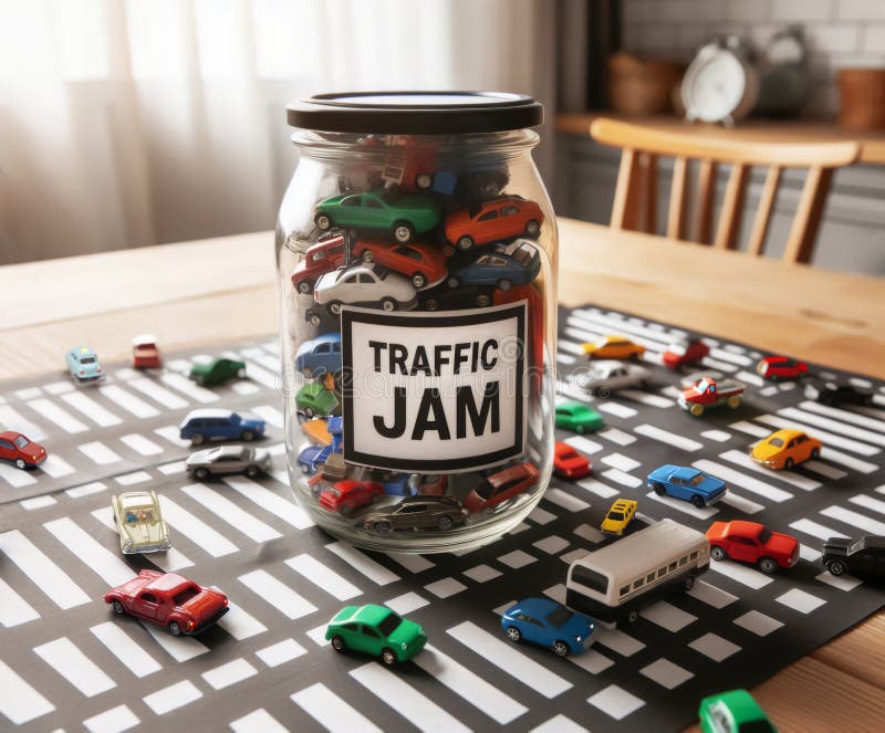 Traffic Jam Concept, a Jar Filled with Cars and Traffic Signals on a ...
