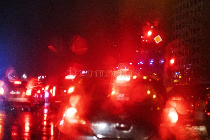 Traffic Jam on the Highway with Poor Visibility during Heavy Rain with ...