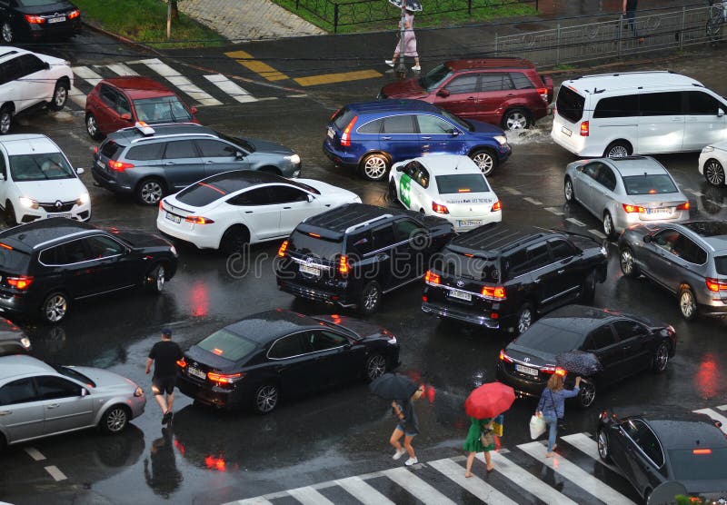 A Traffic Jam at the Intersection Caused by Heavy Rain Editorial ...