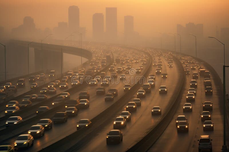 Traffic Jam Multi-Lane Highway Urban Smog Sunset City Air Pollution ...