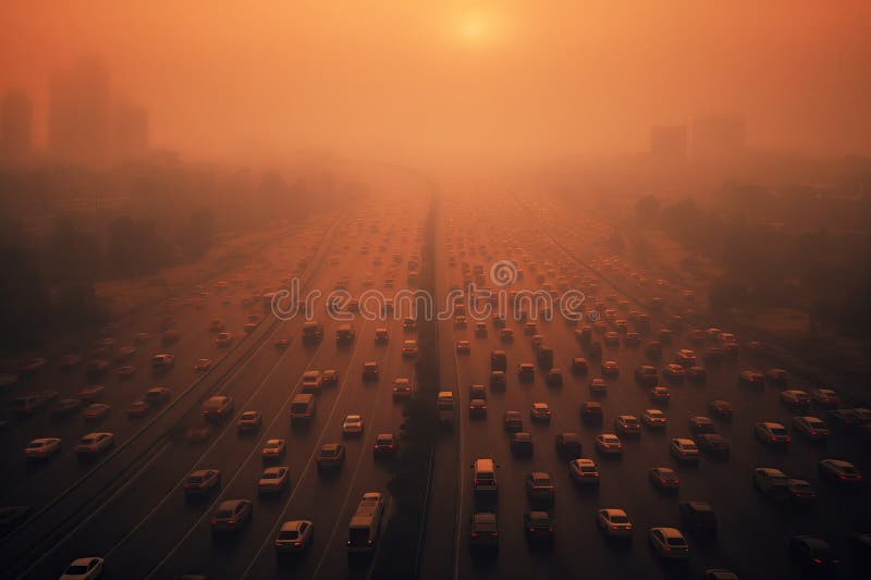 Traffic Jam Multi-Lane Highway Urban Smog Sunset City Air Pollution ...