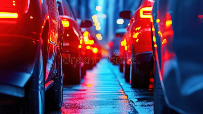 Traffic Jam with Red Tail Lights Stock Illustration - Illustration of ...