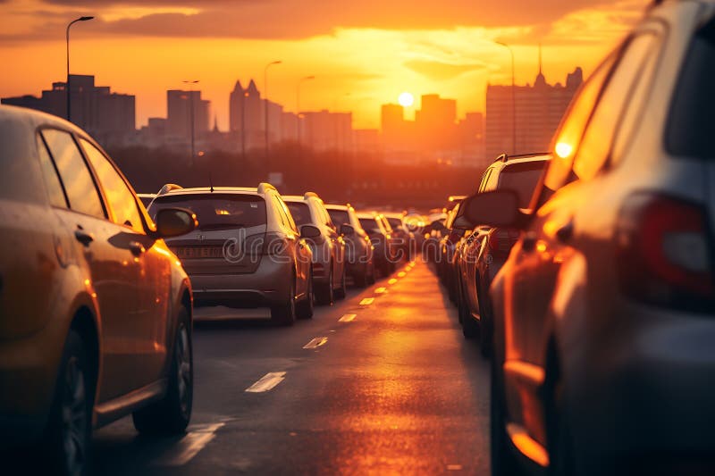 Traffic Jam on the Road in the City at Sunset, Evening Stock ...