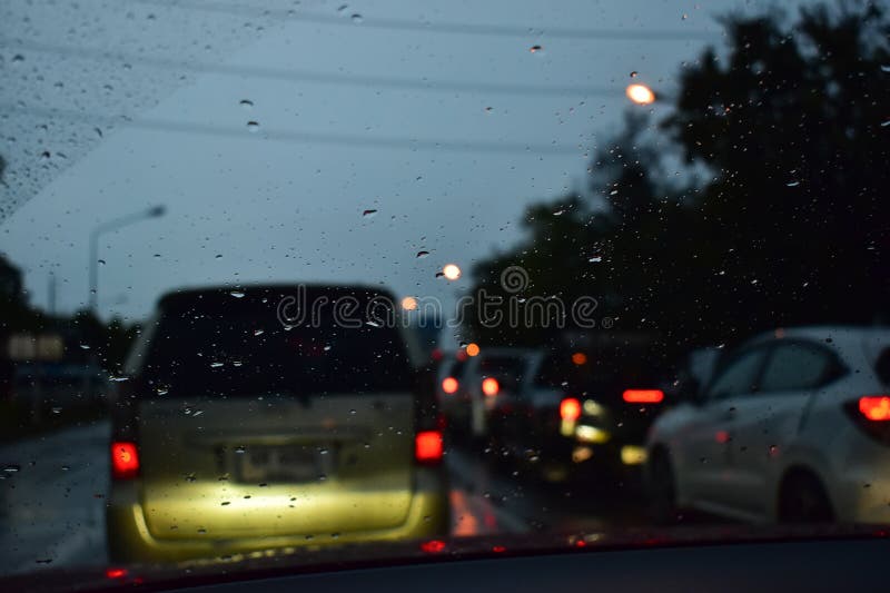 Traffic Jam on the Road in Night with Rain, Defocused Background Stock ...