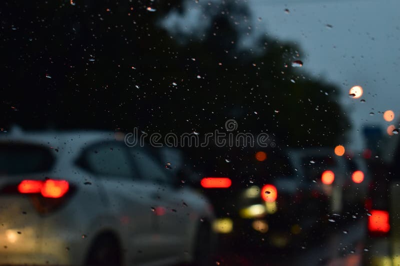 Traffic Jam on the Road in Night with Rain, Defocused Background Stock ...