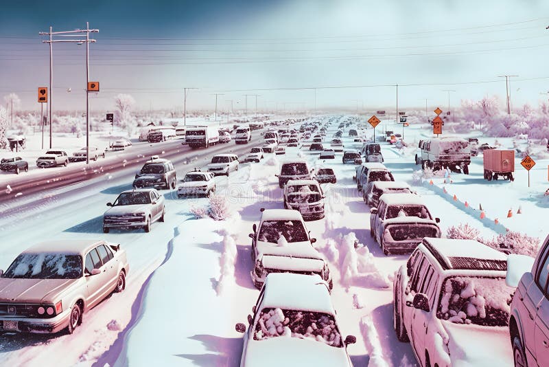 Traffic Jam in a Snow Storm. Neural Network AI Generated Stock ...