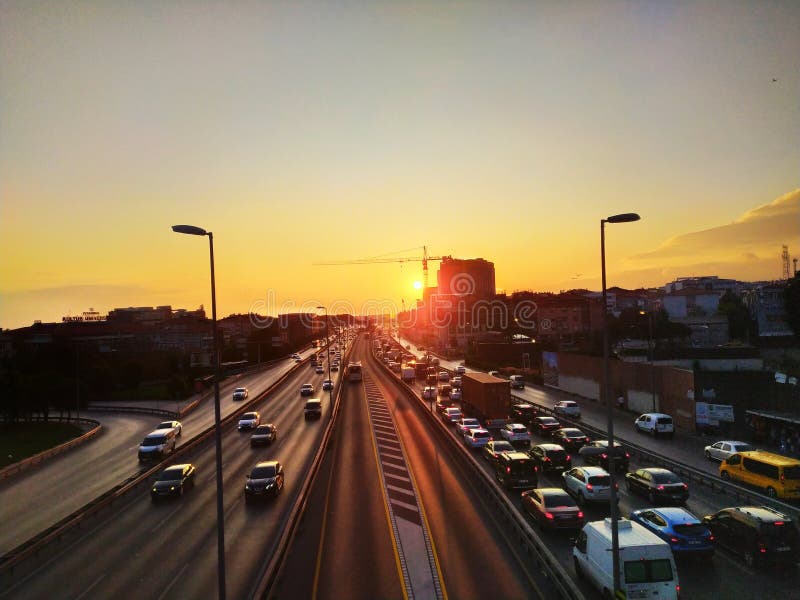 Traffic jam at sunset editorial stock photo. Image of autoban - 164158428