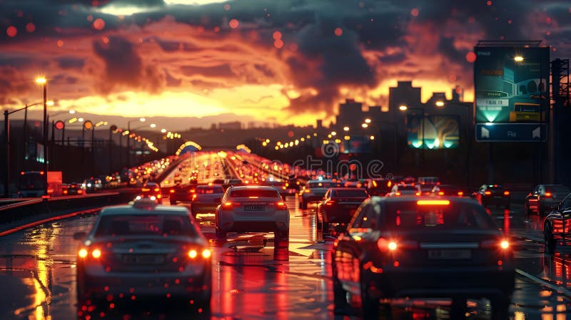 Traffic Jam Sunset Digital Illustration Stock Illustration ...