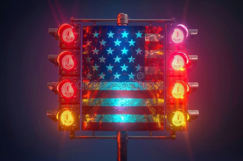 Traffic Light with Bright Lights and an Image of the Usa Flag on a Blue ...