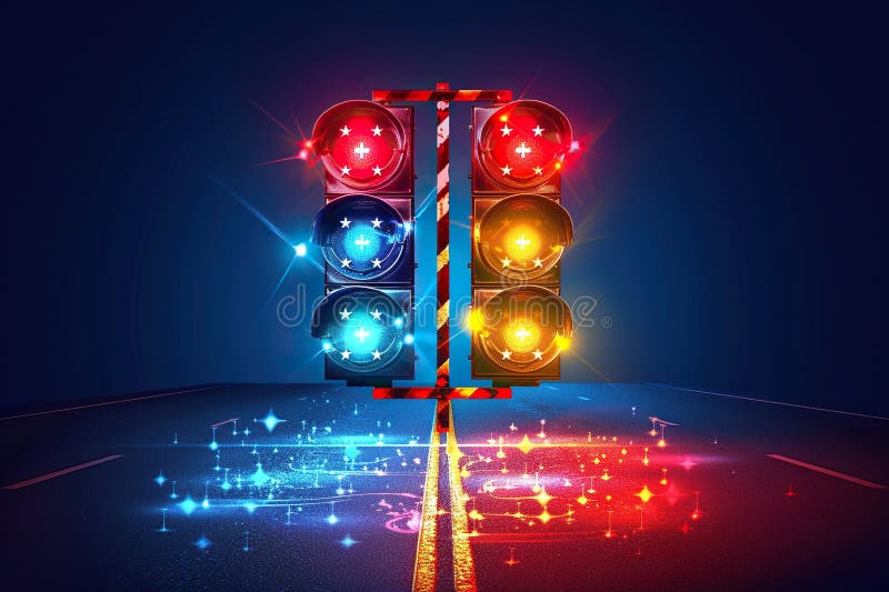 Traffic Light with Bright Lights and an Image of the Usa Flag on a Blue ...