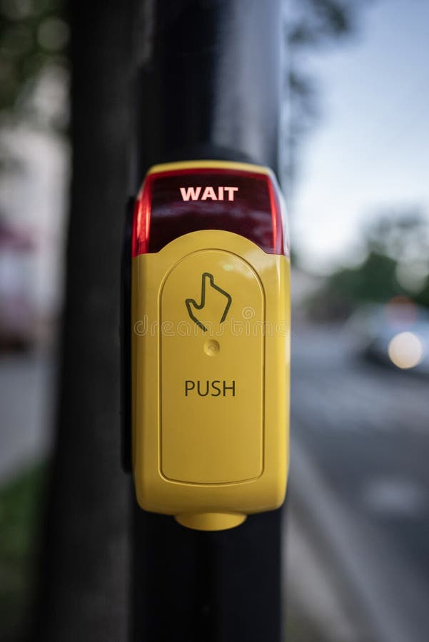 Traffic Light Button with Red Light and Wait Stop Signal, Yellow Box Stock Image - Image of road ...