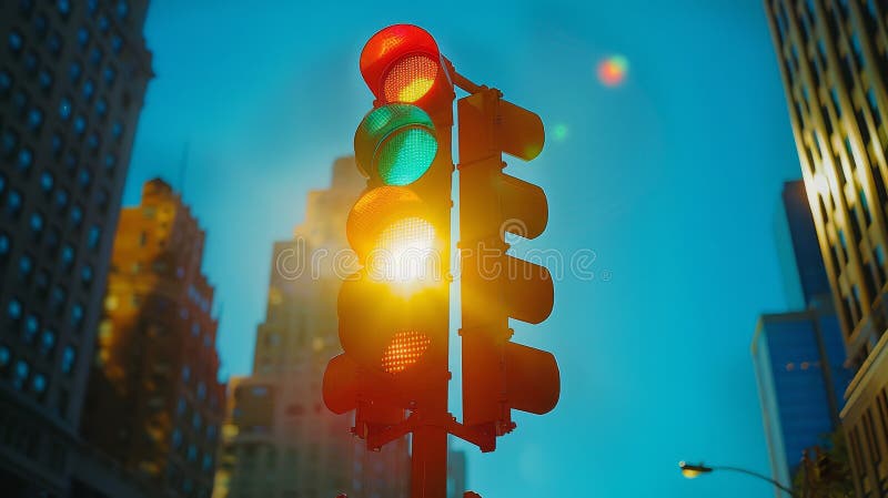 Traffic Light at a City Intersection at Dusk Stock Photo - Image of ...