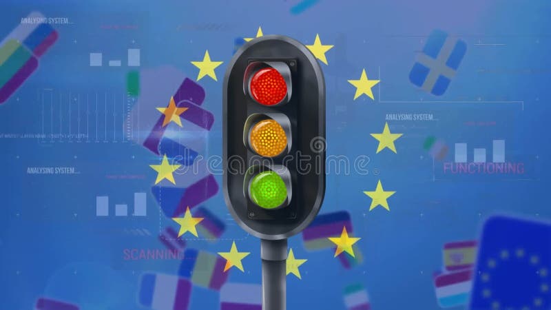 Traffic Light with EU Stars and Data Scanning Animation Over Blue ...