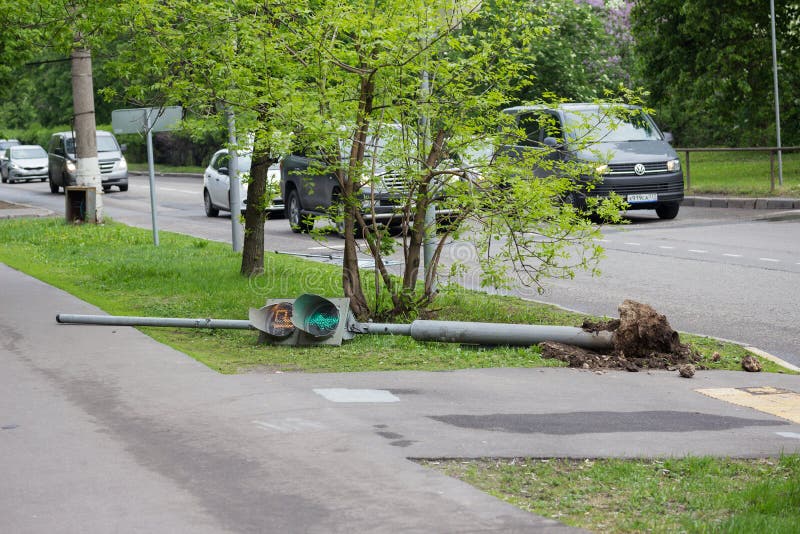 The Traffic Light Fell after a Hurricane in Moscow on May 29, 2017. the ...