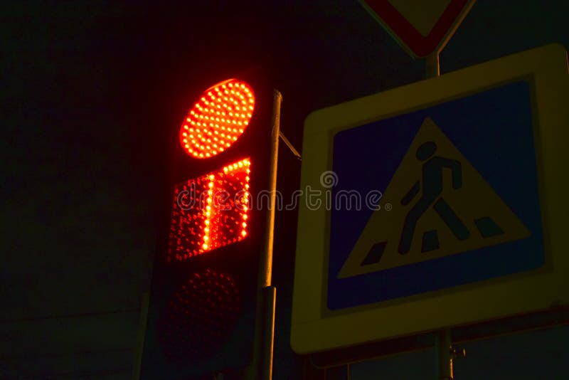 Traffic Light at the Intersection at Night for Pedestrians and Cars ...