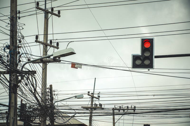 Traffic Light at Intersection Roads Showing Red Light with Tangle of ...