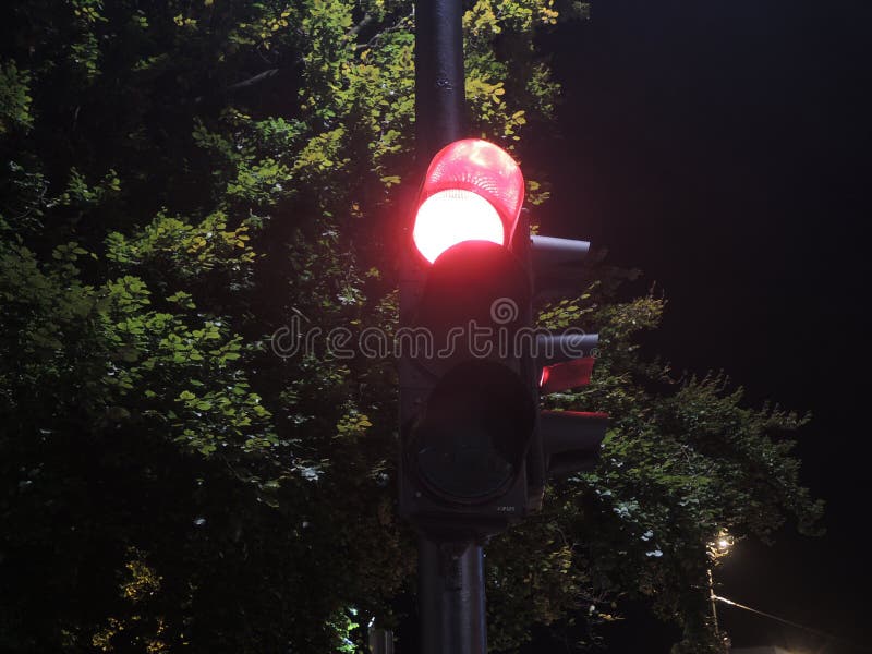 Traffic Light at Night-time Showing Red Stock Image - Image of dark ...