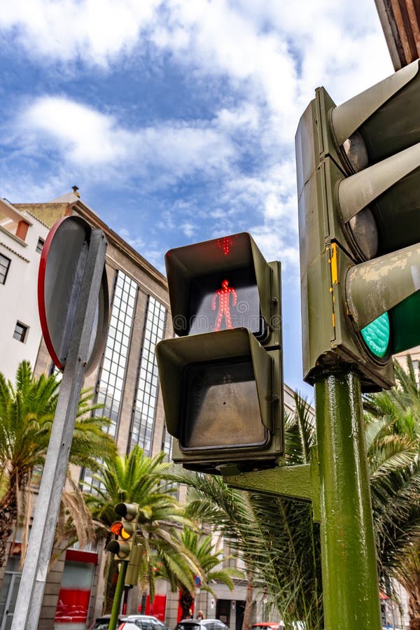 A Traffic Light with a Pedestrian Crossing Light is Lit Red Stock Image ...