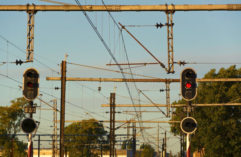 Traffic Light and Railway Catenary Stock Image - Image of voltage, line: 92079279