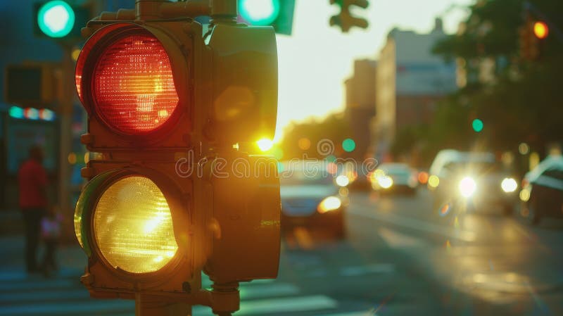 A Traffic Light on Red in a City Street at Dusk Stock Photo - Image of ...