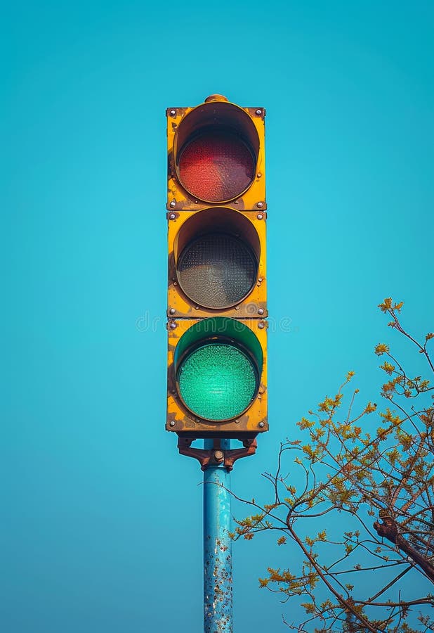 Traffic Light with Red and Green Light Against Blue Sky Stock Photo ...