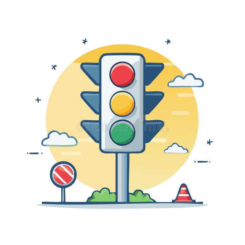 Traffic Light with Red Light Stop Sign Cone Cloud Yellow Circle ...