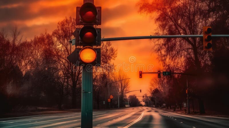 A Traffic Light at a Rural Intersection with a Bright Orange Sunset in ...
