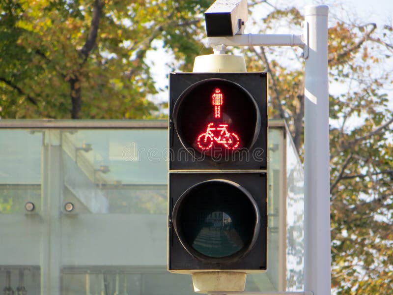Traffic Light Showing a Bright Red Person on a Bicycle Stock Image ...