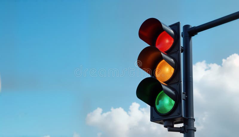 Traffic Light Showing Red Light. Clear Blue Sky with Clouds. Political Concept of Coalition ...