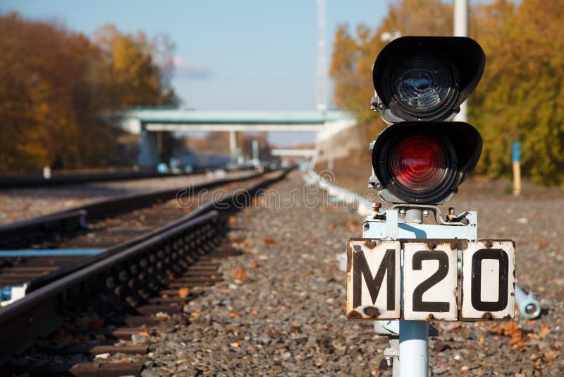 Traffic Light Shows Red Signal on Railway. Stock Photo - Image of cable ...