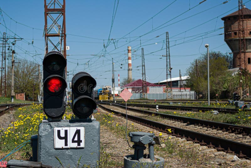 Red signal on railway stock image. Image of transportation - 152330289
