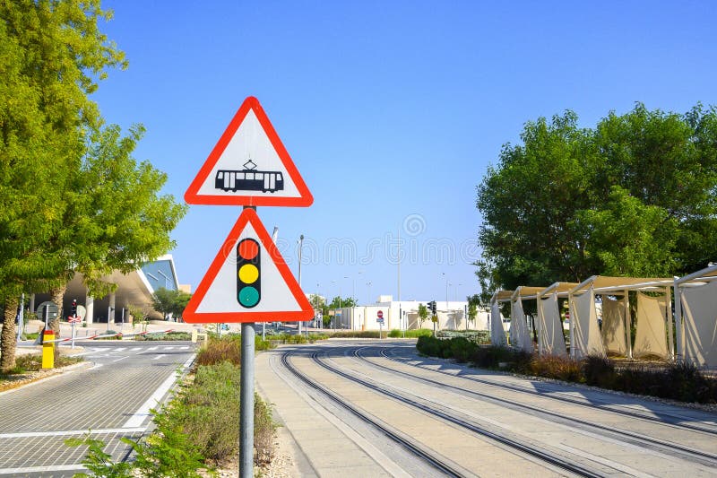Traffic Light Sign and Tram Icon on Tramway Stock Image - Image of tram ...