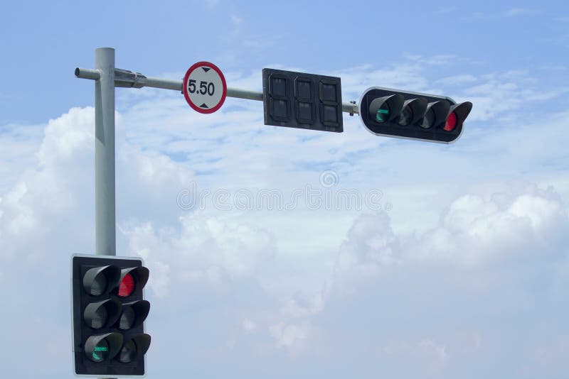 Traffic Light and Signboard Limit of Height on Blue Sky Background ...