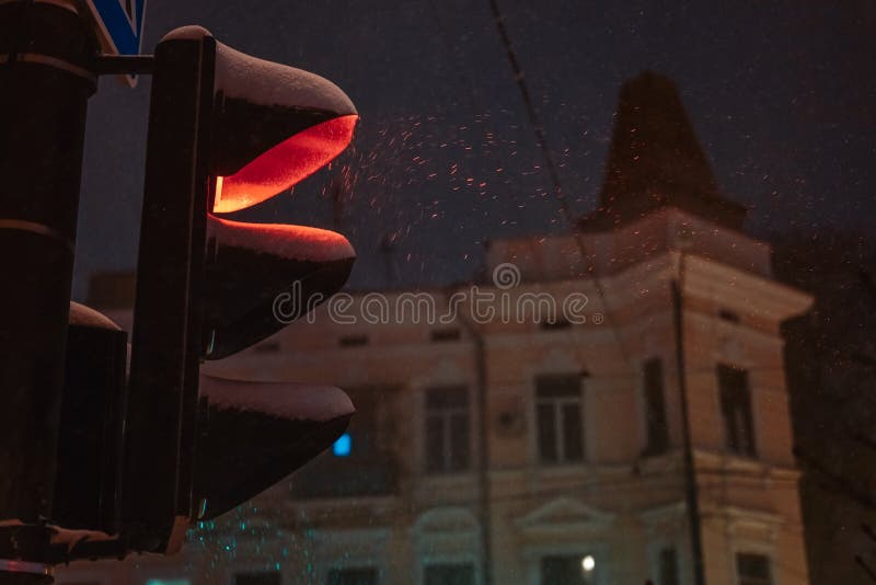 Traffic Light on a Snowy Night Stock Image - Image of scene, vintage ...