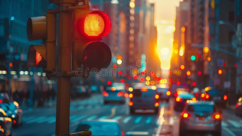 A Traffic Light at Sunset in a Busy City. Stock Image - Image of travel ...