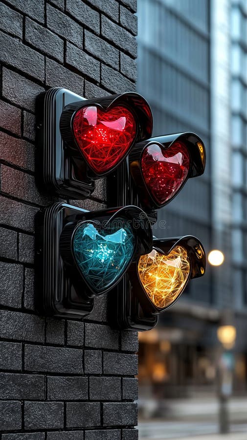 A Traffic Light with Three Hearts on it on a Brick Wall Stock Photo ...