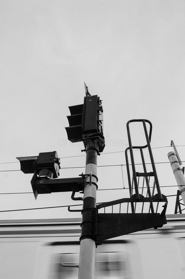 Traffic Light for the Trains in Black and White Stock Photo - Image of ...
