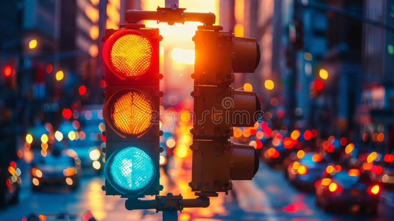 Traffic Lights at City Intersection at Dusk. Stock Image - Image of ...