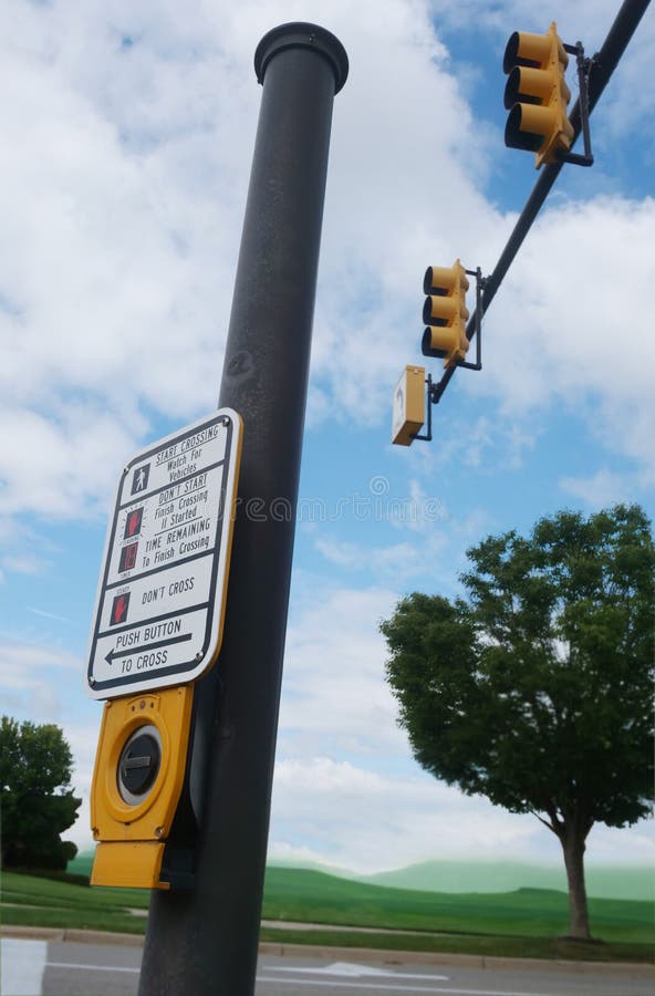 Traffic Lights and Cross Walk Button at an Intersection Stock Image ...