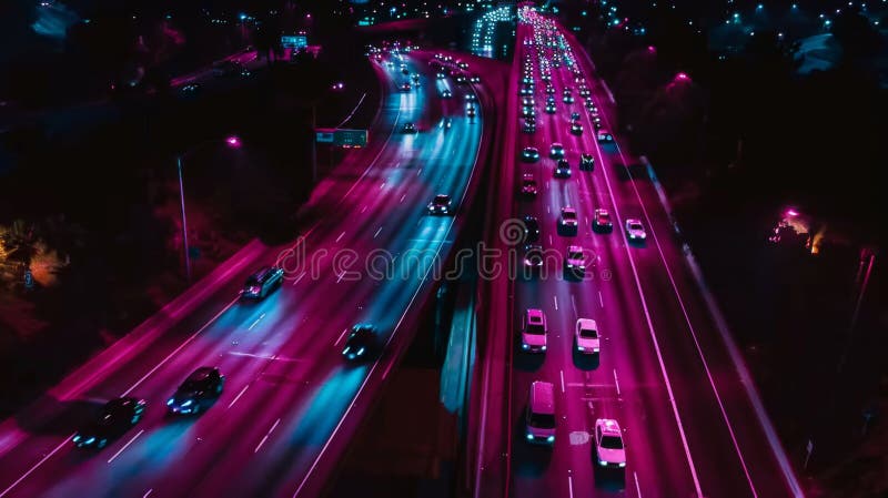 Traffic Lights on the Freeway at Night Stock Photo - Image of vehicle ...