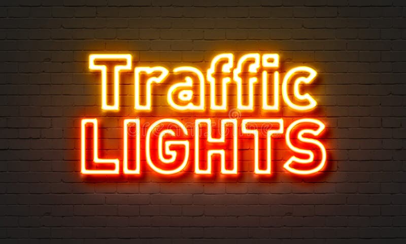Traffic Lights Neon Sign on Brick Wall Background. Stock Illustration ...